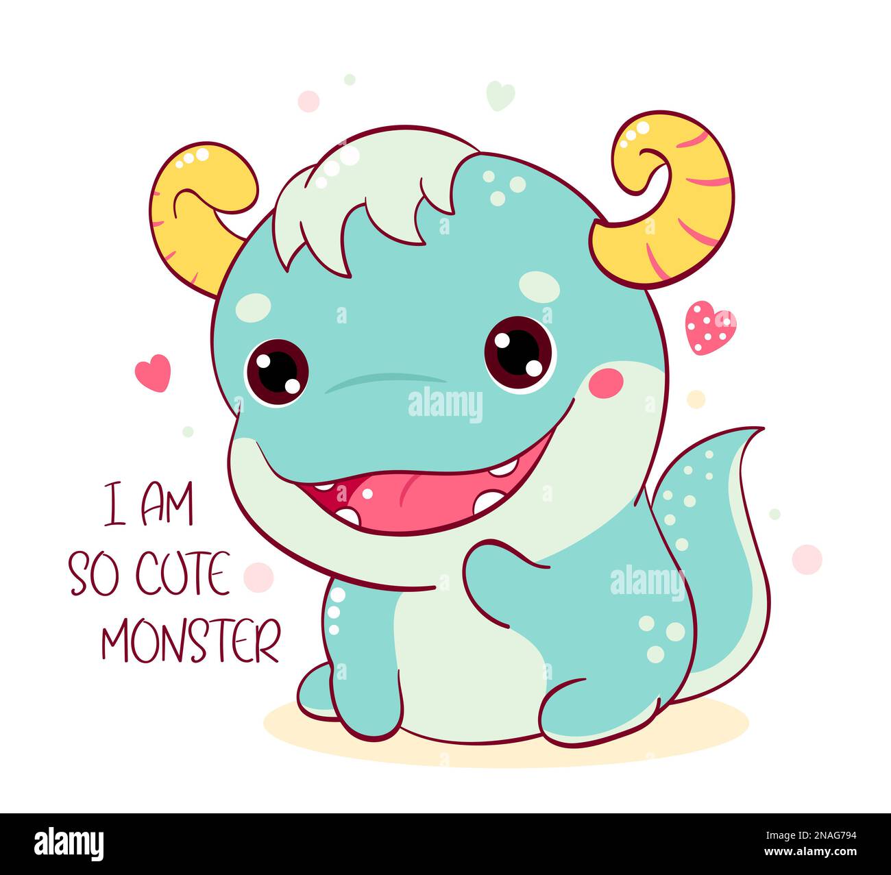 Square card with cute baby monster. Smiling tiny monster with hearts ...