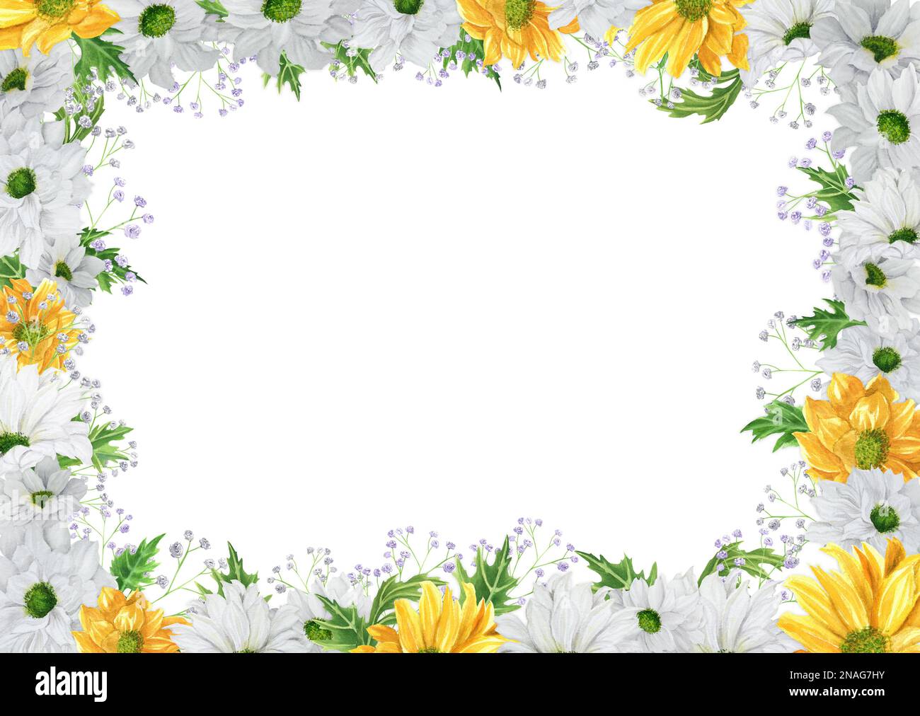 Hand-drawn watercolor rectangular frame with white and yellow ...