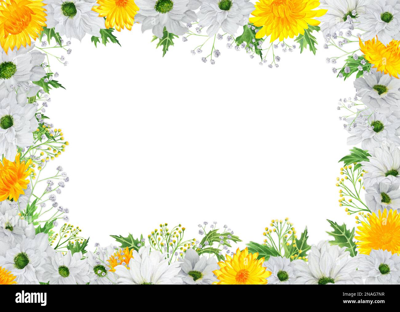 Hand-drawn rectangular watercolor frame with white and yellow ...