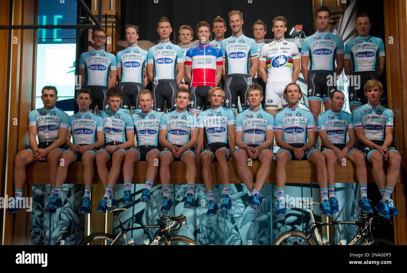 The Omega Pharma Quick Step cycling team riders pose for photographers ...