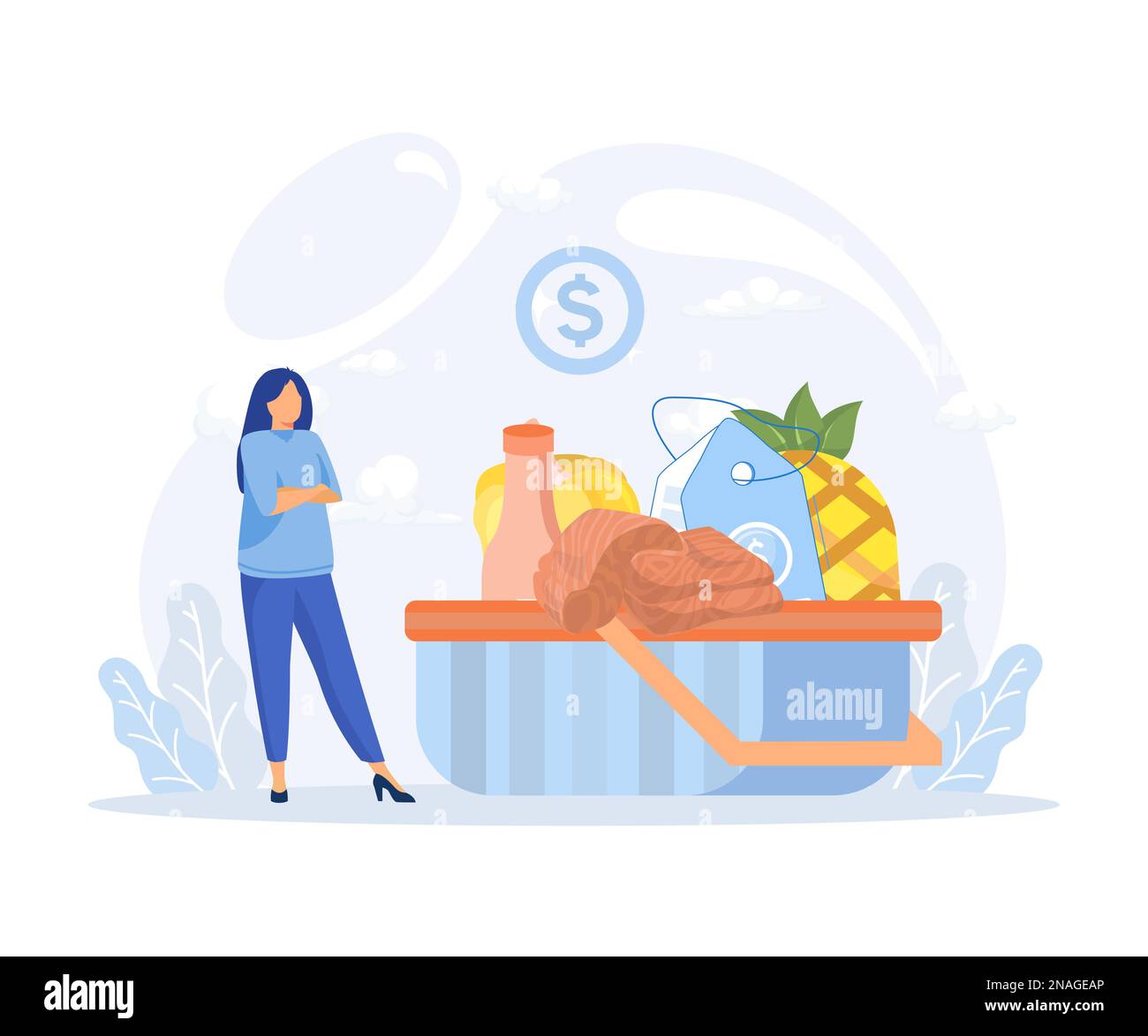 Inflation illustration. Characters buying groceries and luxury goods in ...