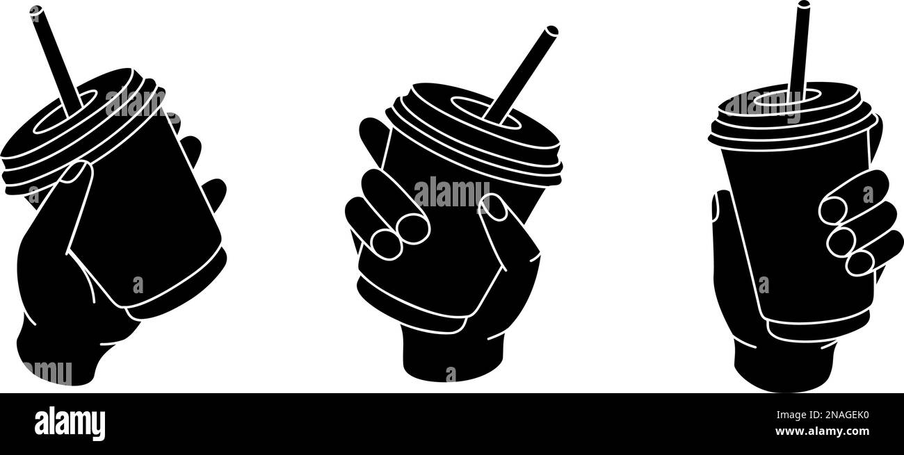 Set of hand with cup. Human hand holding drink cup icons. Coffee time ...