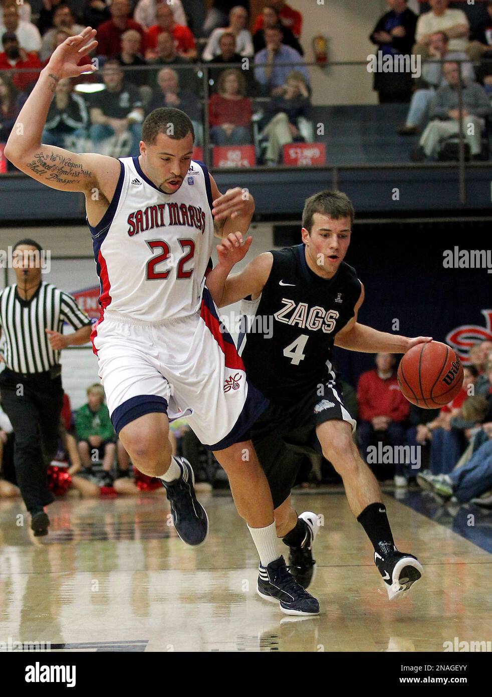 Gonzaga guard Kevin Pangos (4) drives past St. Mary's forward Rob Jones ...