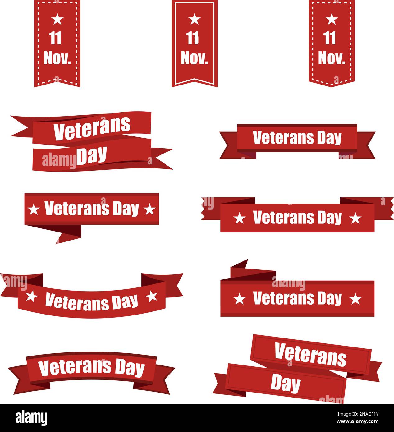 Big set of red ribbon with Veterans Day of USA. Vector illustration ...