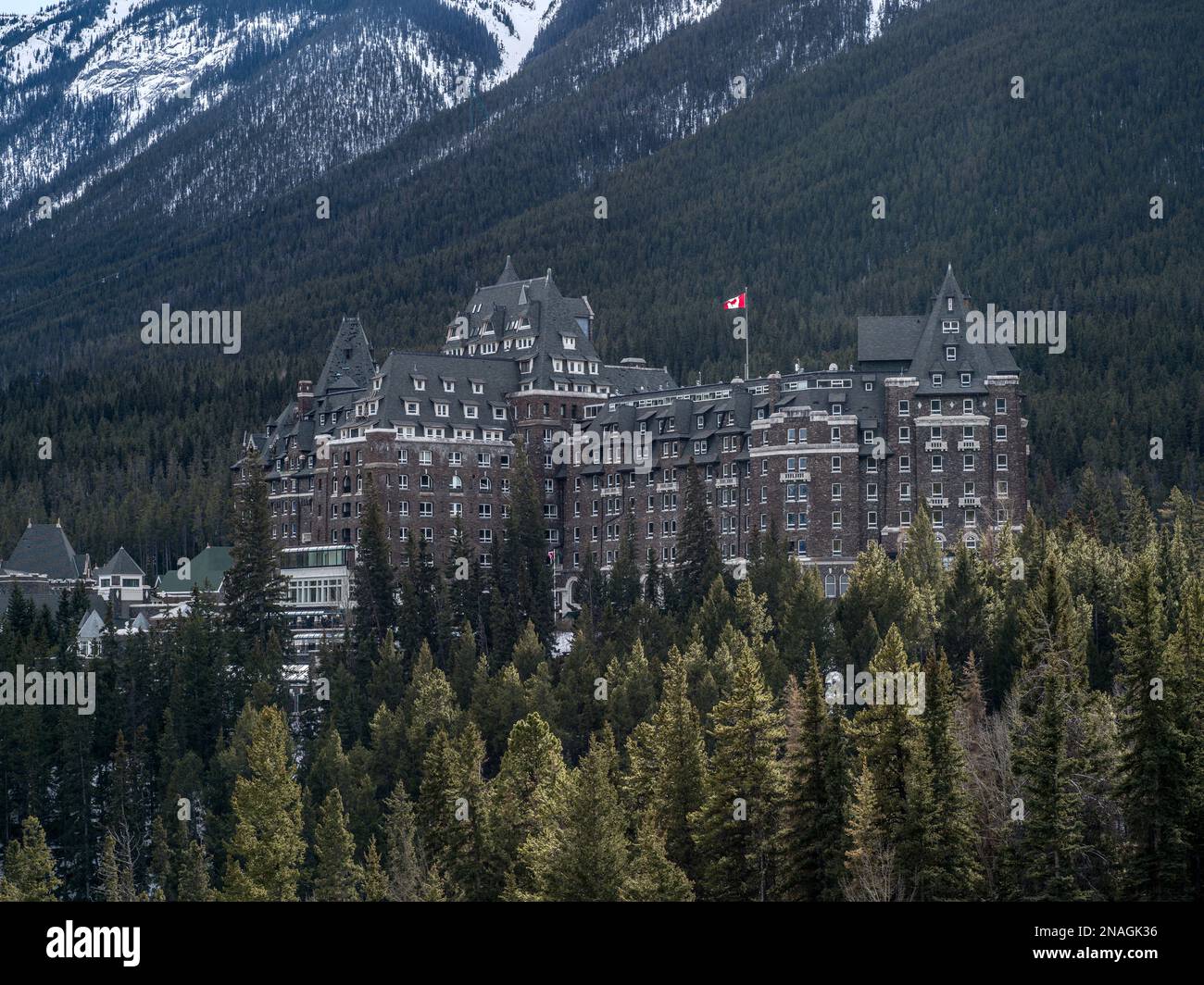 Iconic hotel in Banff National Park, viewed from Tunnel Mountain Road in the heart of Banff ...