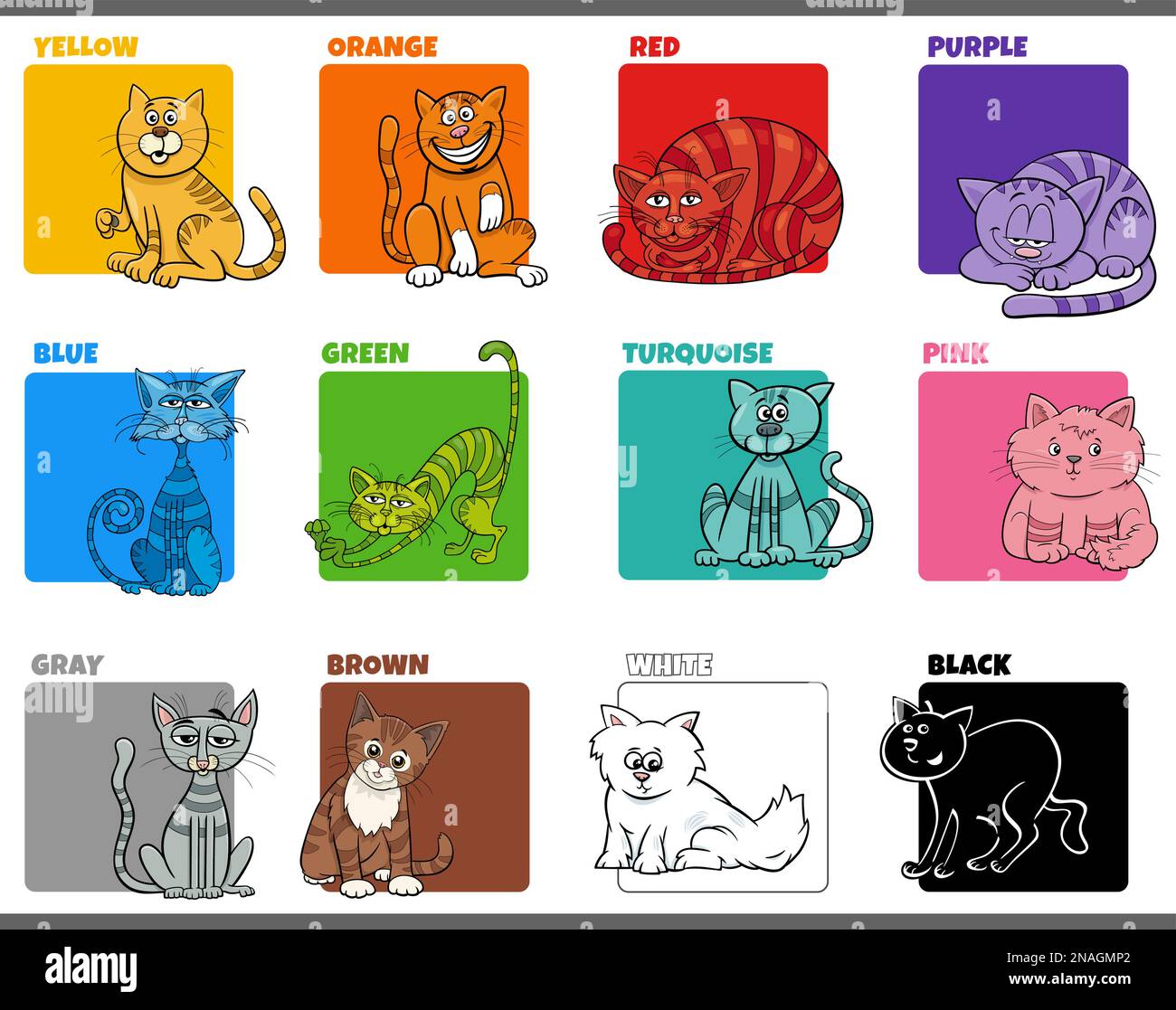 Cartoon illustration of basic colors with comic cats characters ...