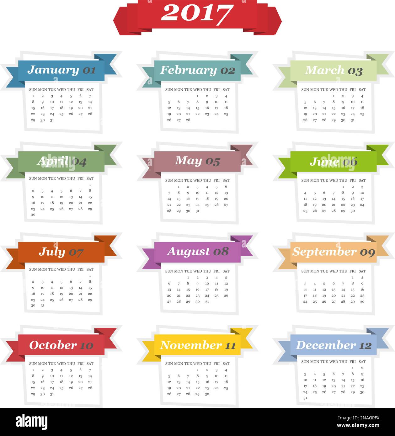 Calendar 2017 in a flat design with ribbons. Vector illustration Stock ...