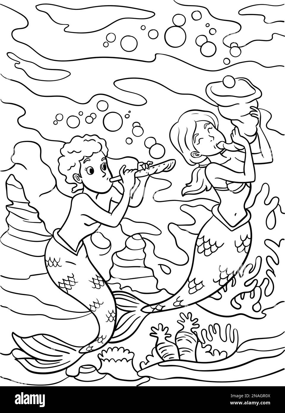 Mermaid Playing Flute Coloring Page for Kids Stock Vector Image & Art ...