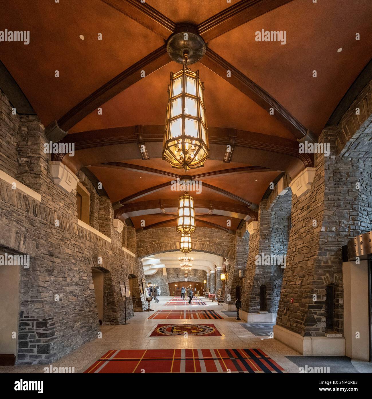Interior of a historic and iconic hotel in Banff National Park; Banff, Alberta, Canada Stock ...