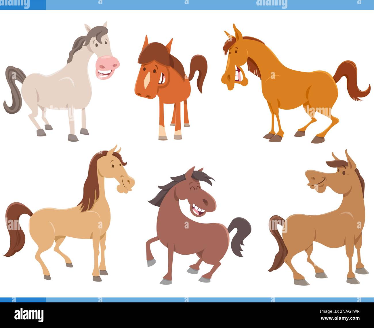 Cartoon illustration of funny horses farm animals comic characters set ...