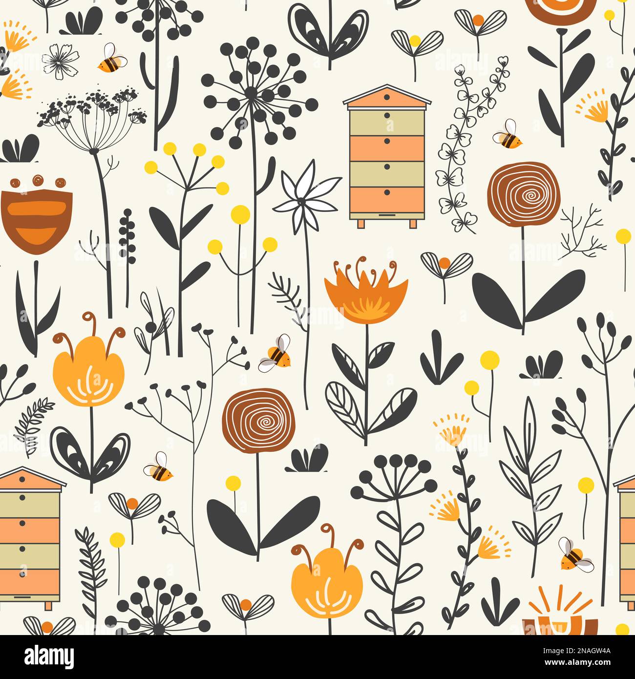 Meadow flowers, honey bee, and beehives seamless pattern. Blooming grass apiculture background ...