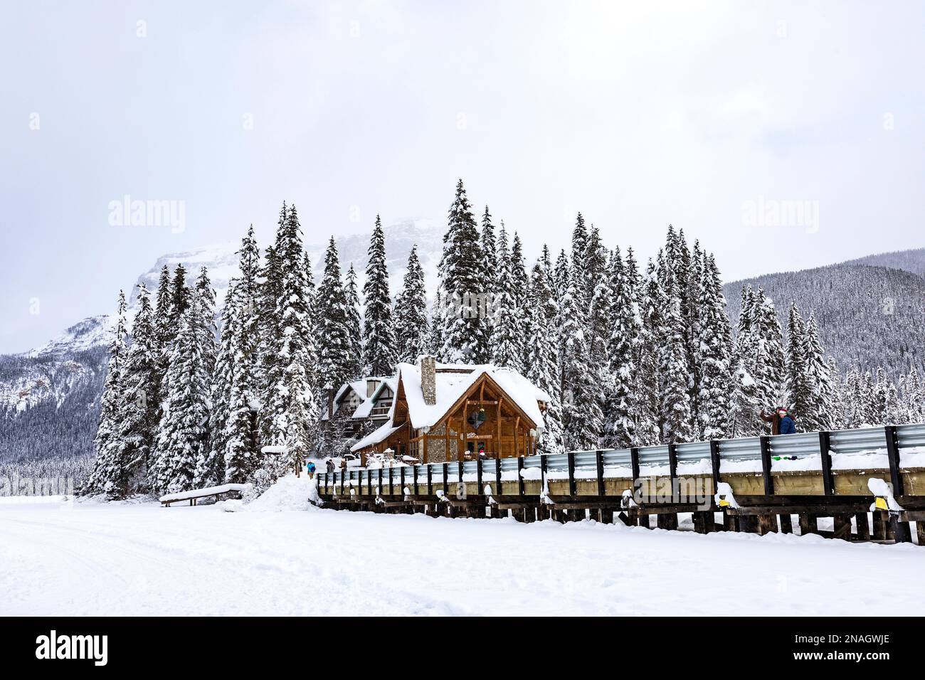 View of a lodge at Emerald Lake during the winter in Yoho National Park ...