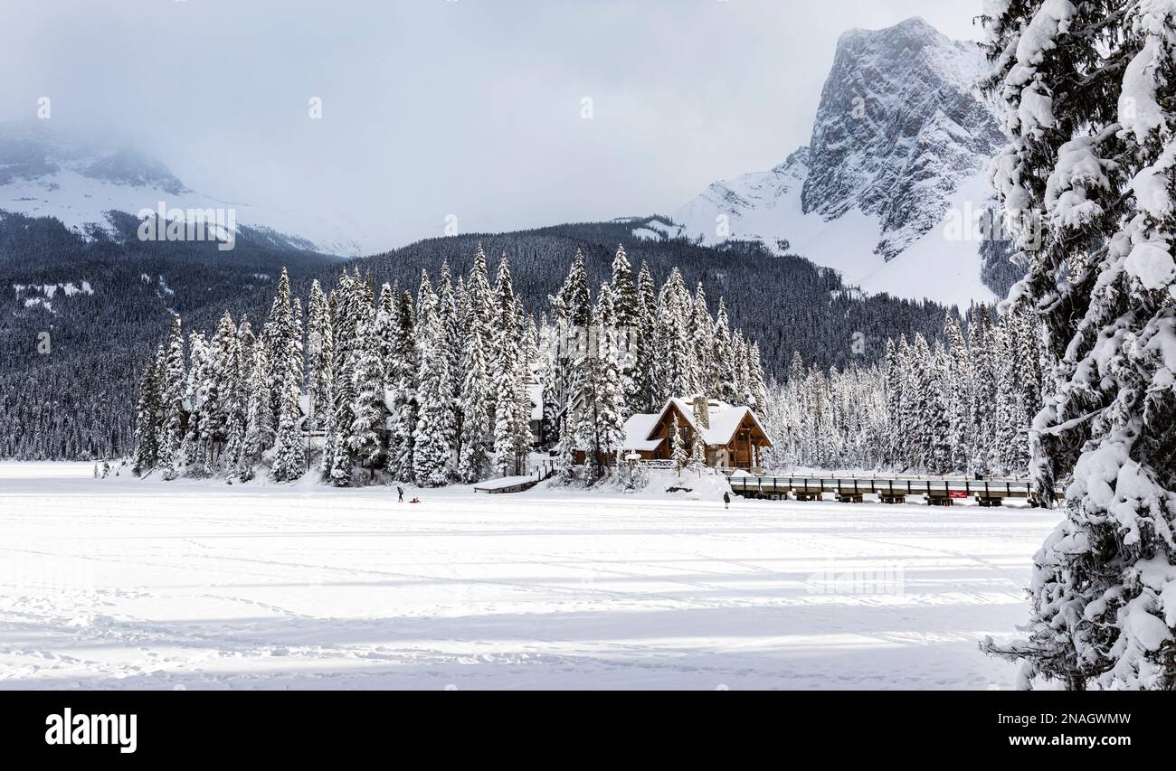 View of a lodge at Emerald Lake during the winter in Yoho National Park ...