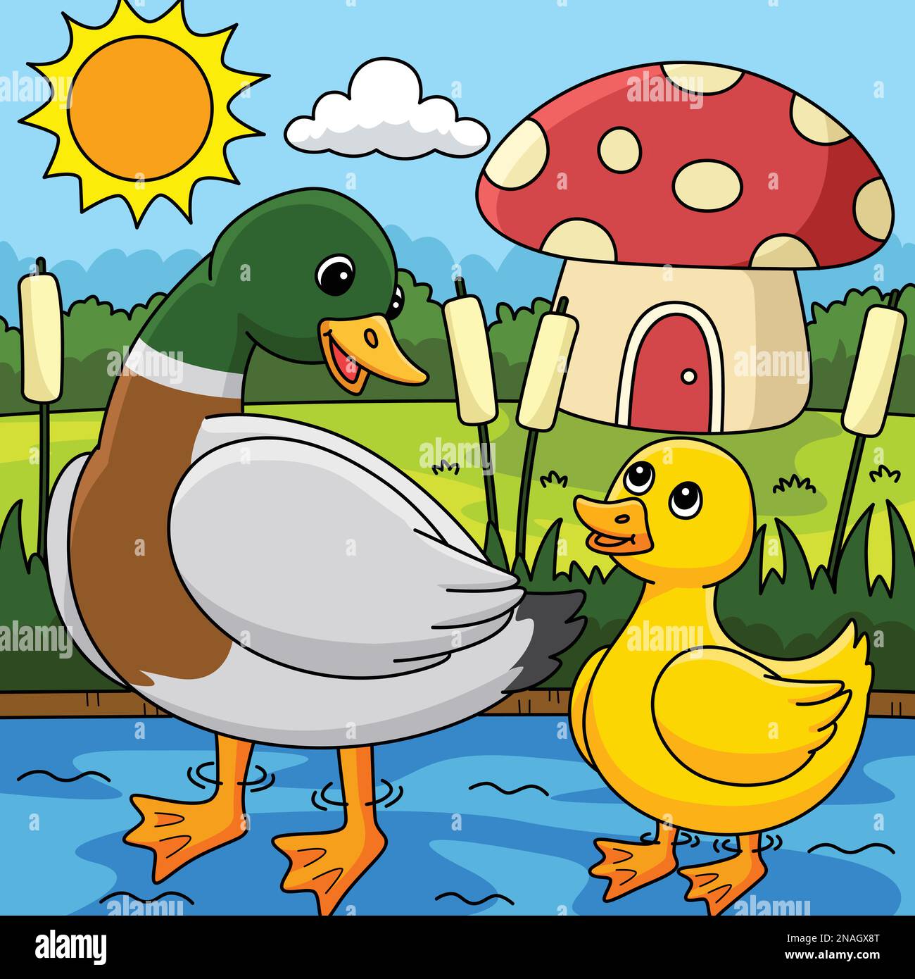 Spring Mother Duck and Duckling Colored Cartoon Stock Vector Image ...