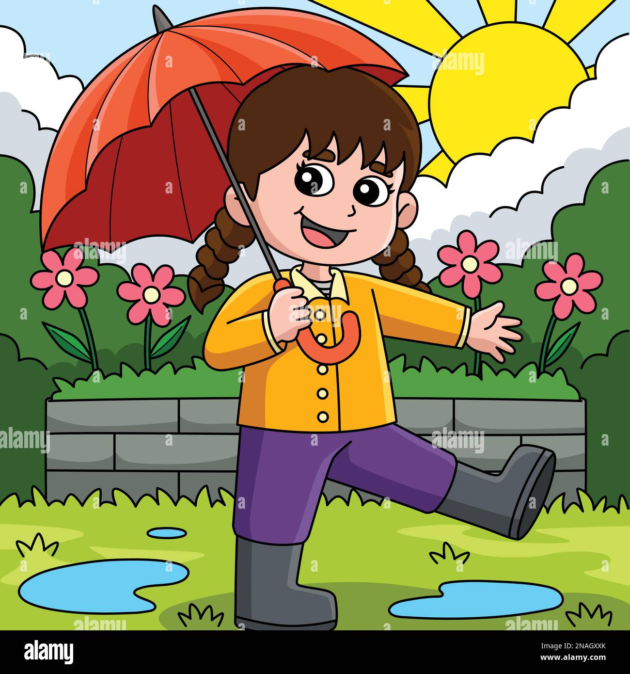 Spring Girl Holding an Umbrella Colored Cartoon Stock Vector Image ...