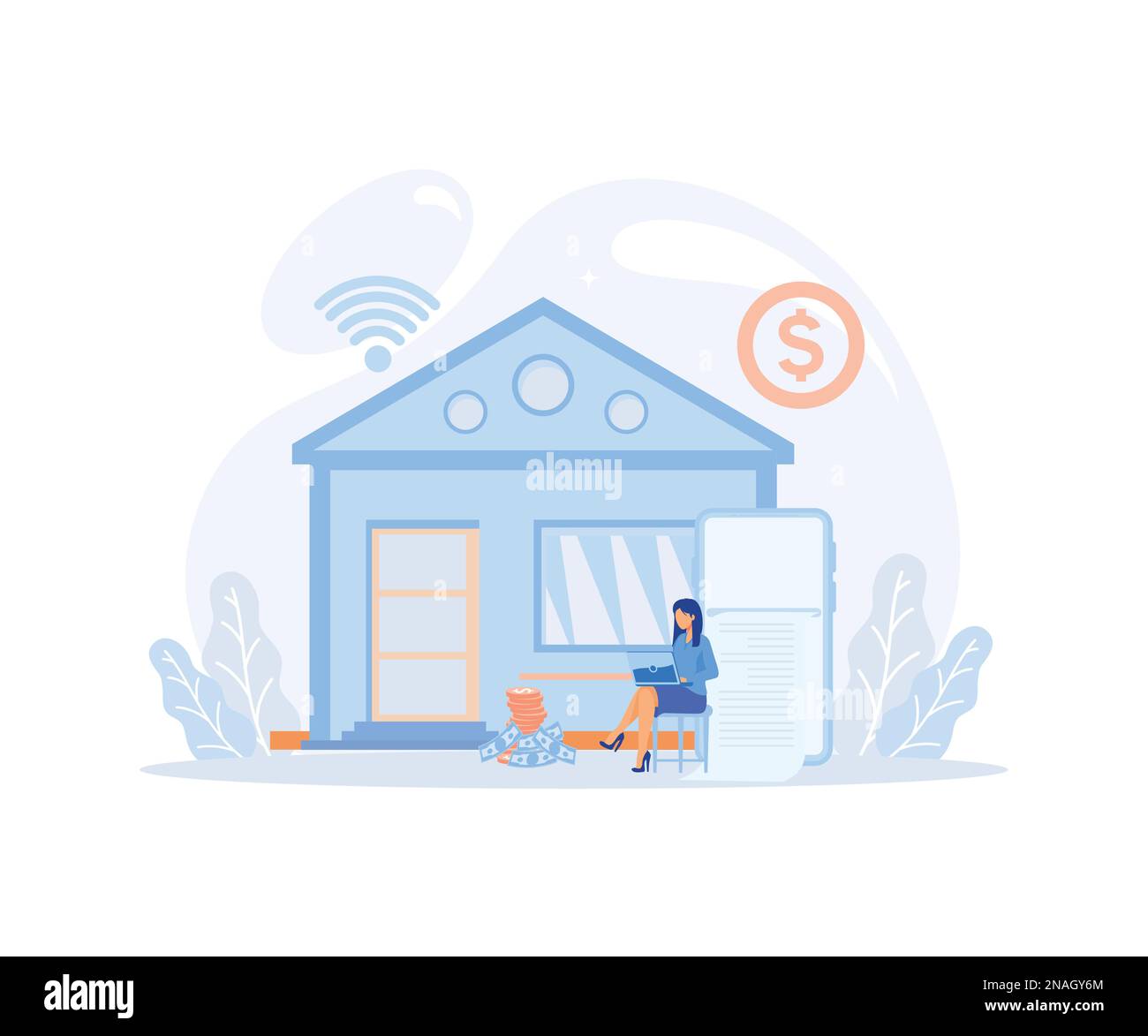 Sustainability illustration. Characters calculating and paying ...