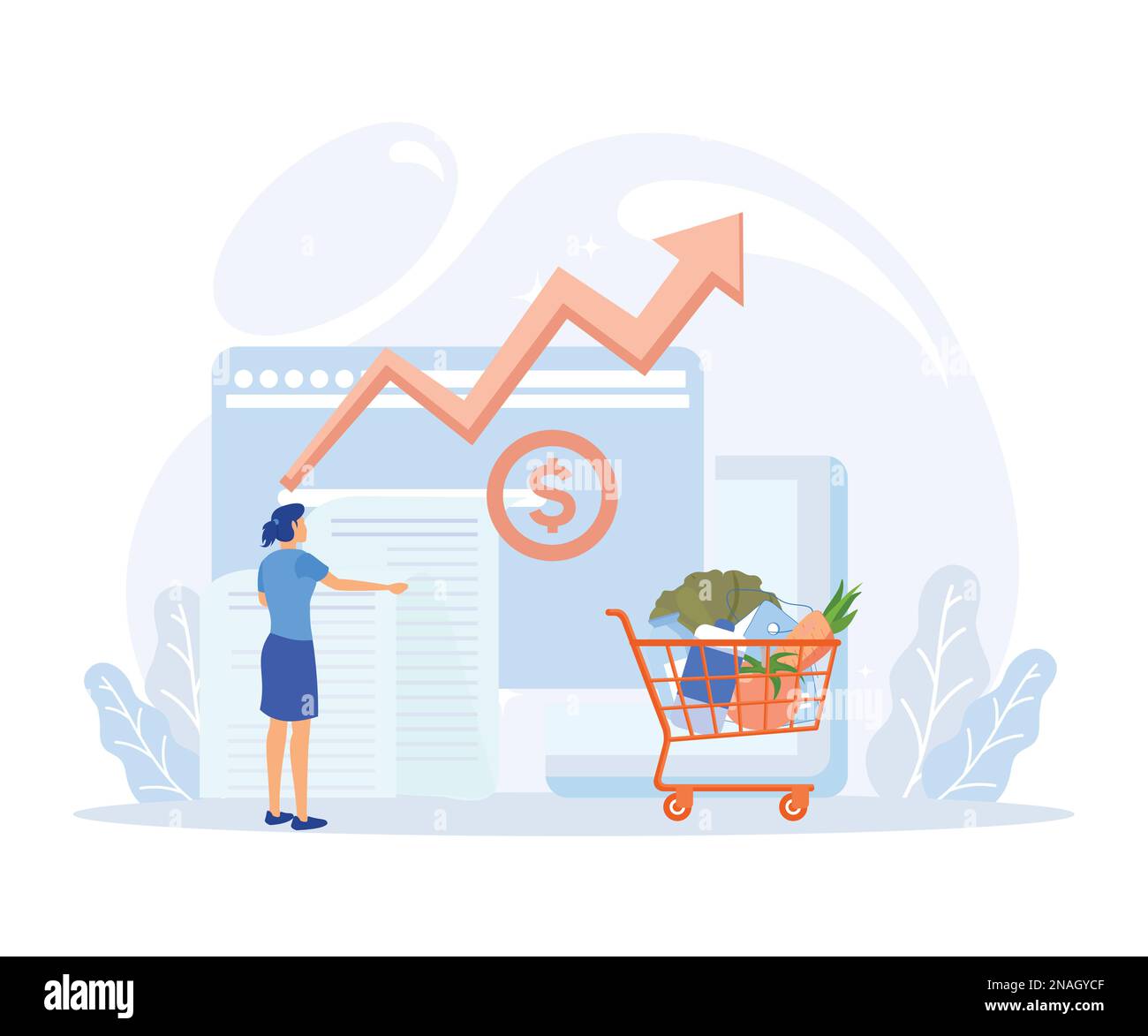 Inflation illustration. Characters buying food in supermarket and ...