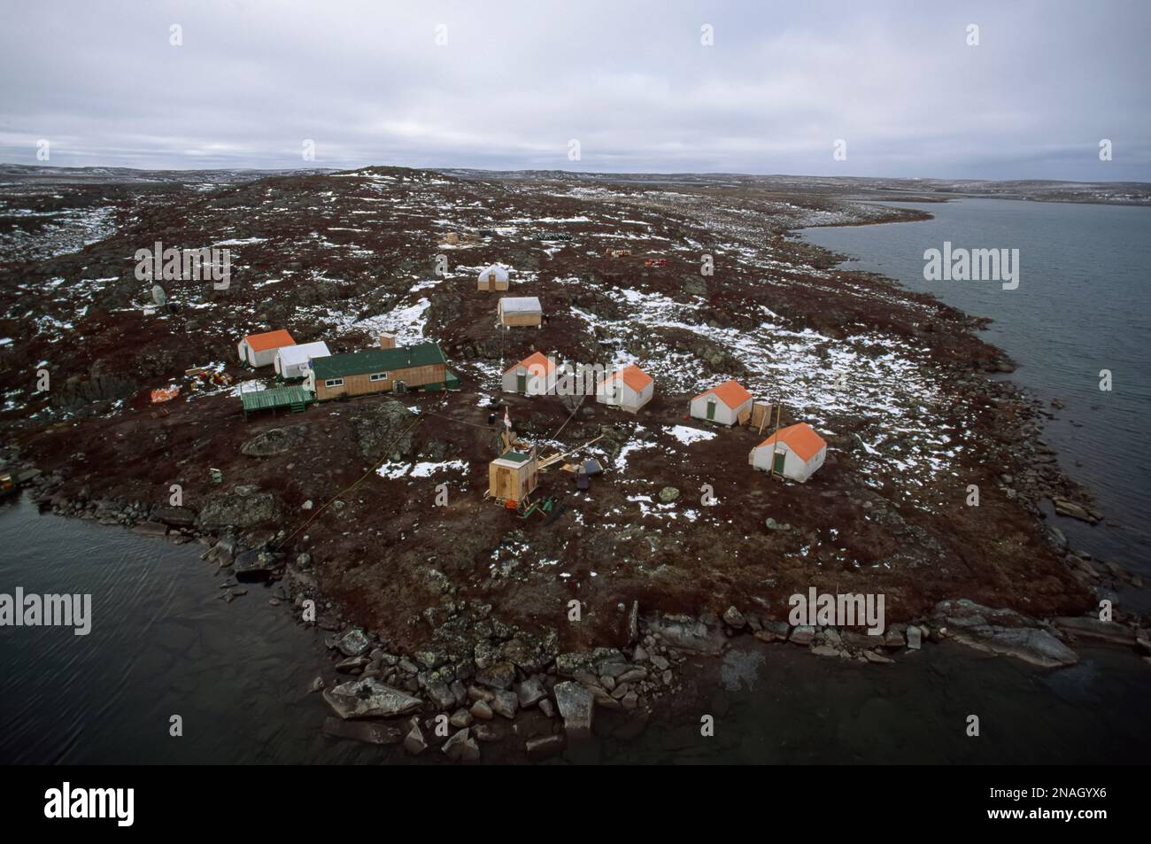 Aerial view of a diamond mining exploration camp in Canada's NWT ...