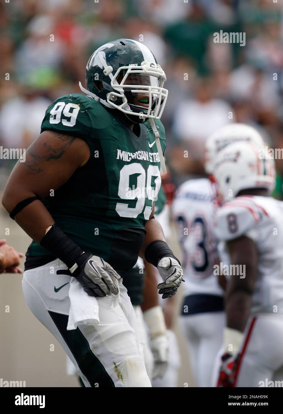Michigan State's Jerel Worthy (99) celebrates during an NCAA college ...