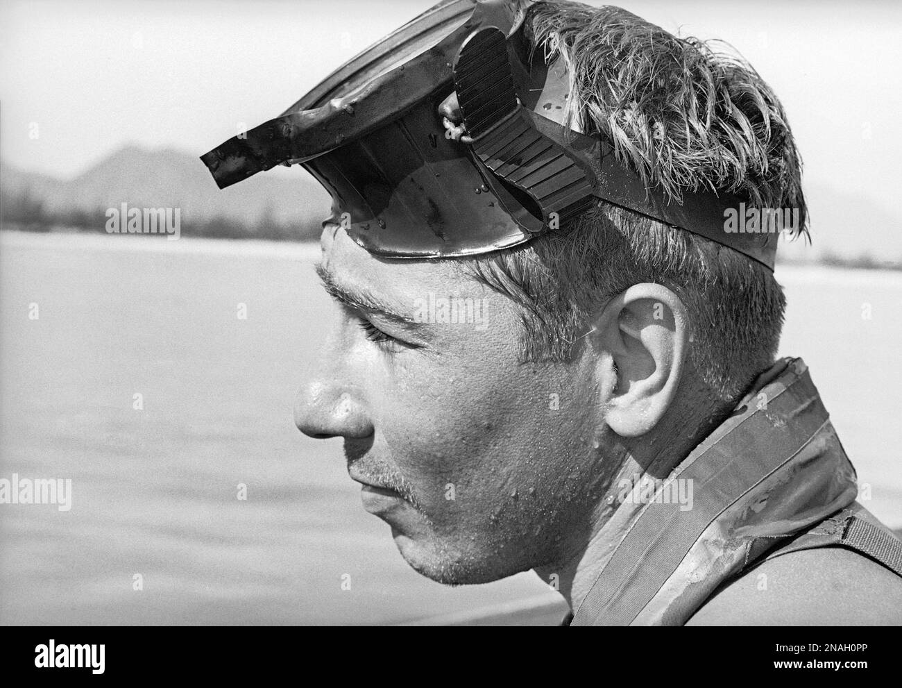 Close up of soldier in wet suit gear and scuba mask during the Vietnam ...