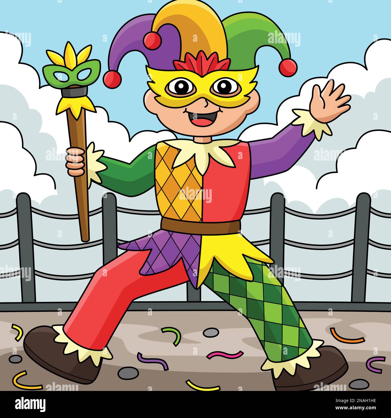 Mardi Gras Jester Boy with Baton Colored Cartoon Stock Vector Image ...