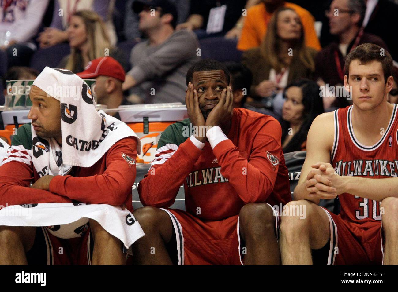 Milwaukee Bucks, from left, Drew Gooden, Stephen Jackson and Jon Leuer ...