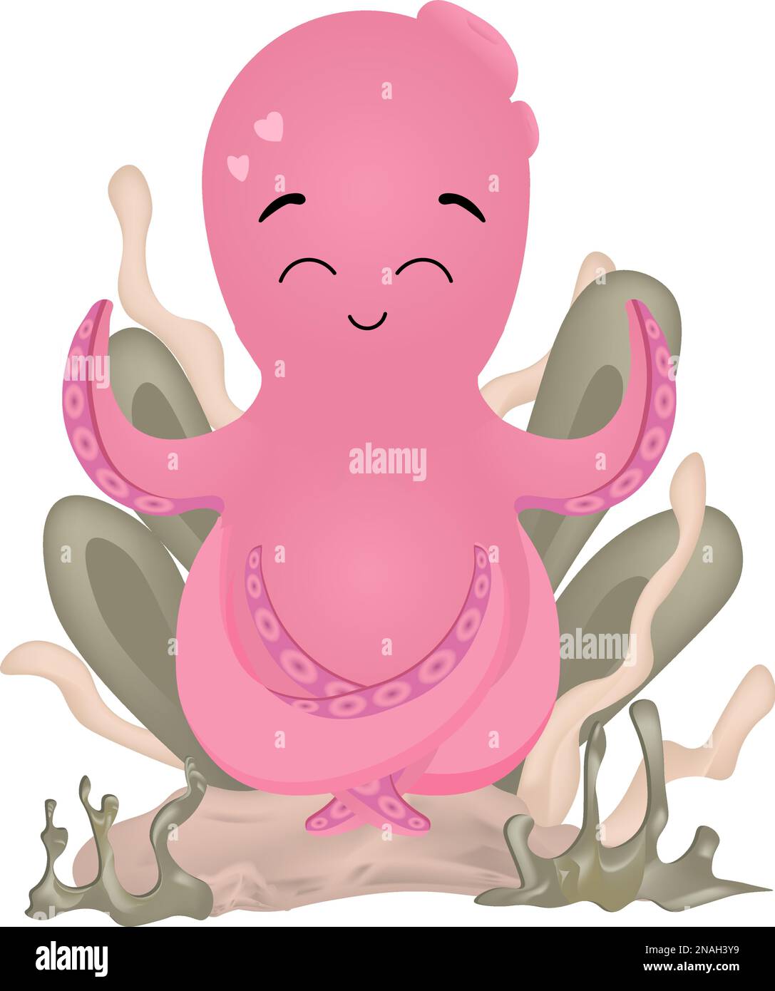 Cute childish octopus character print. Pink octopus on seaweed. Clipart ...