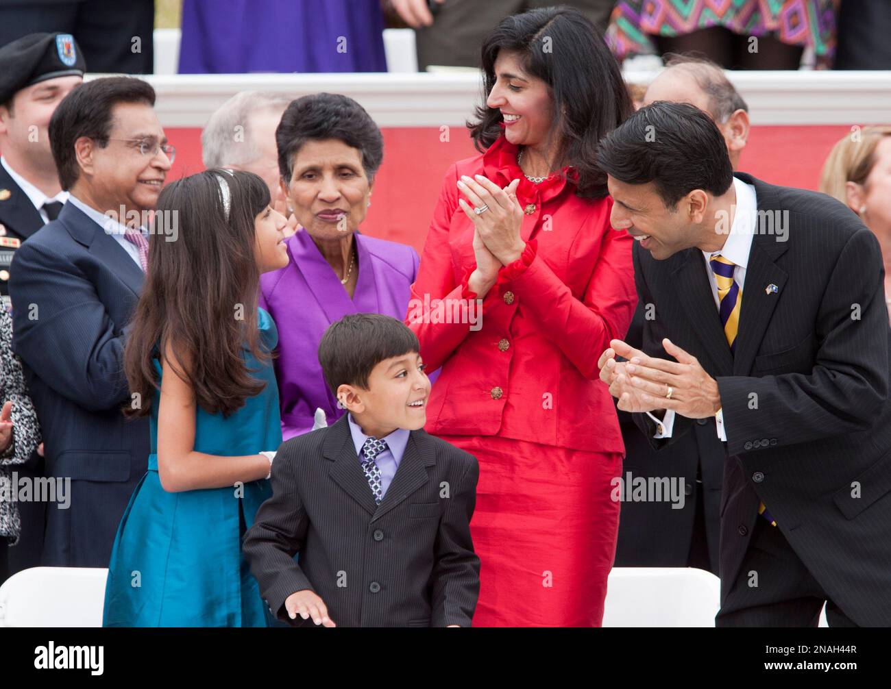 Louisiana Gov. Bobby Jindal and his wife, Supriya Jindal, react with ...