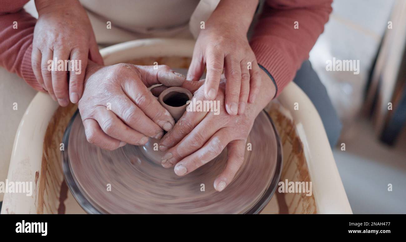 Love, pottery and hands of old couple molding in workshop studio for ...