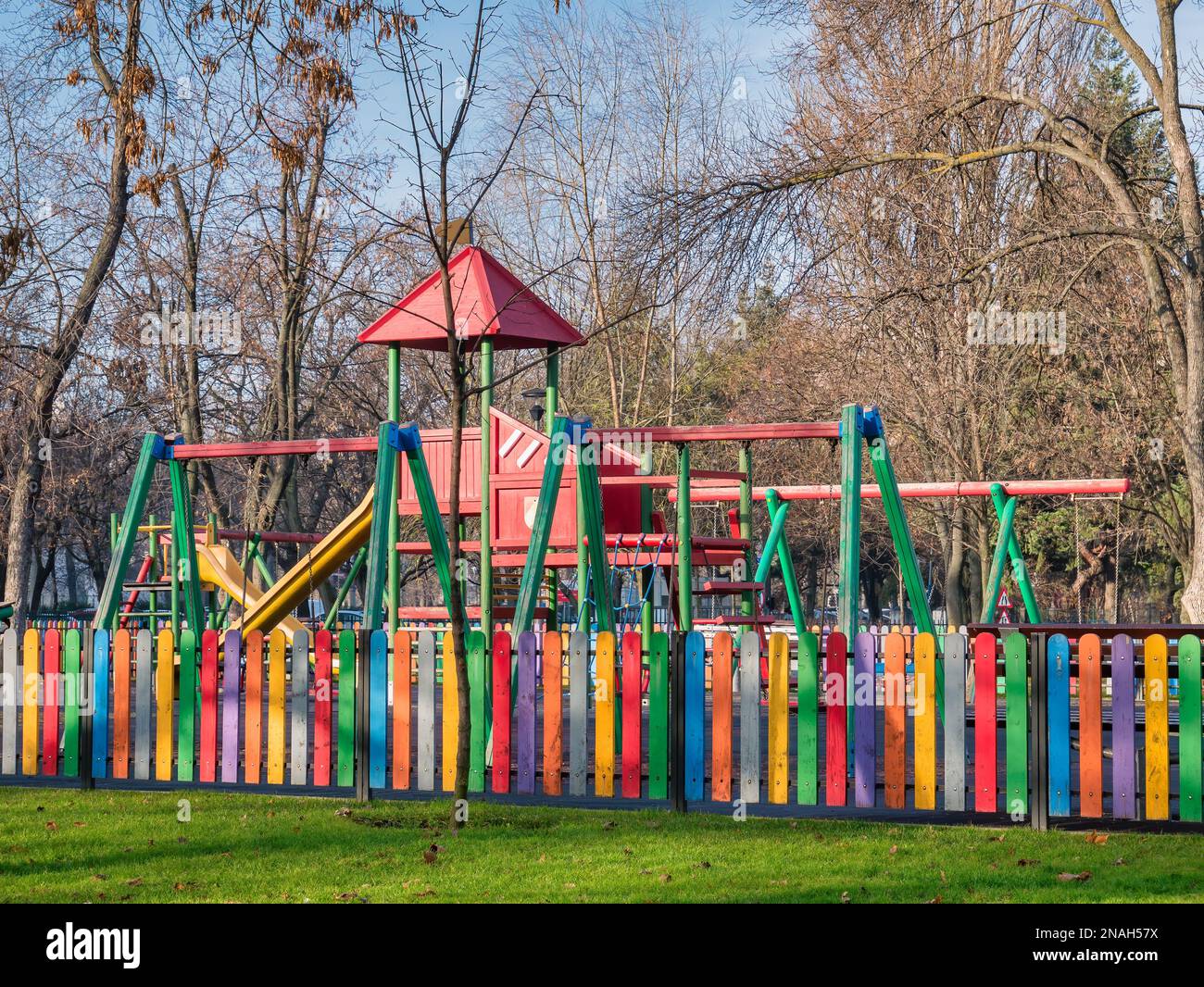 An empty children's playground in Drumul Taberei park Bucharest ...