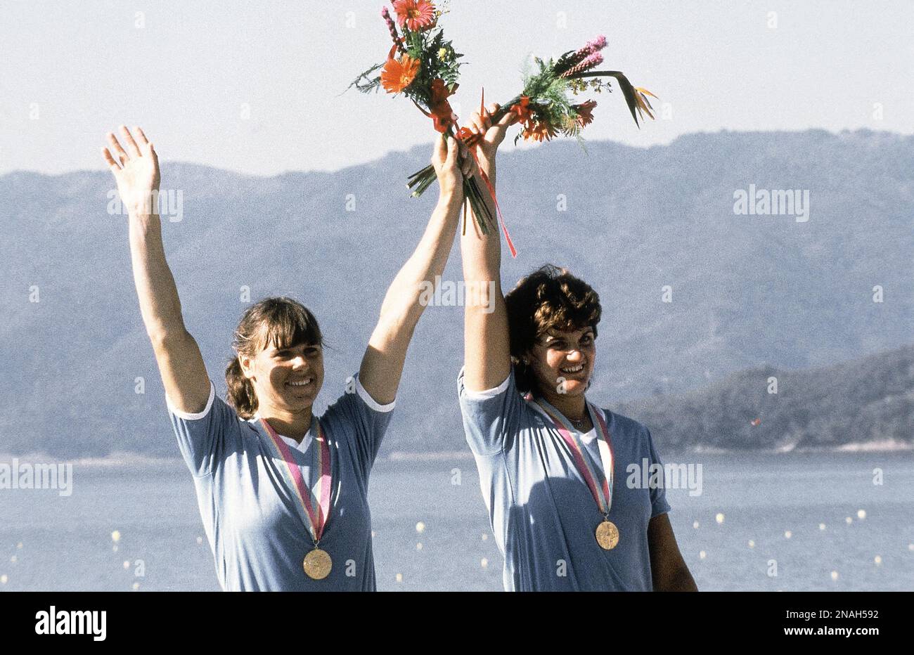 Romania's Marioara Popescu, left and Elisabeta Lipa, right, celebrate ...
