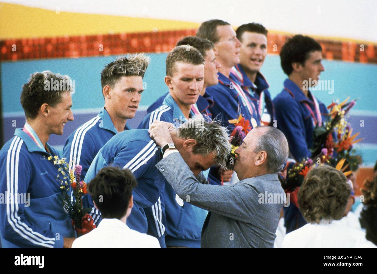 The West German swim team receiving their silver medals at Award ...