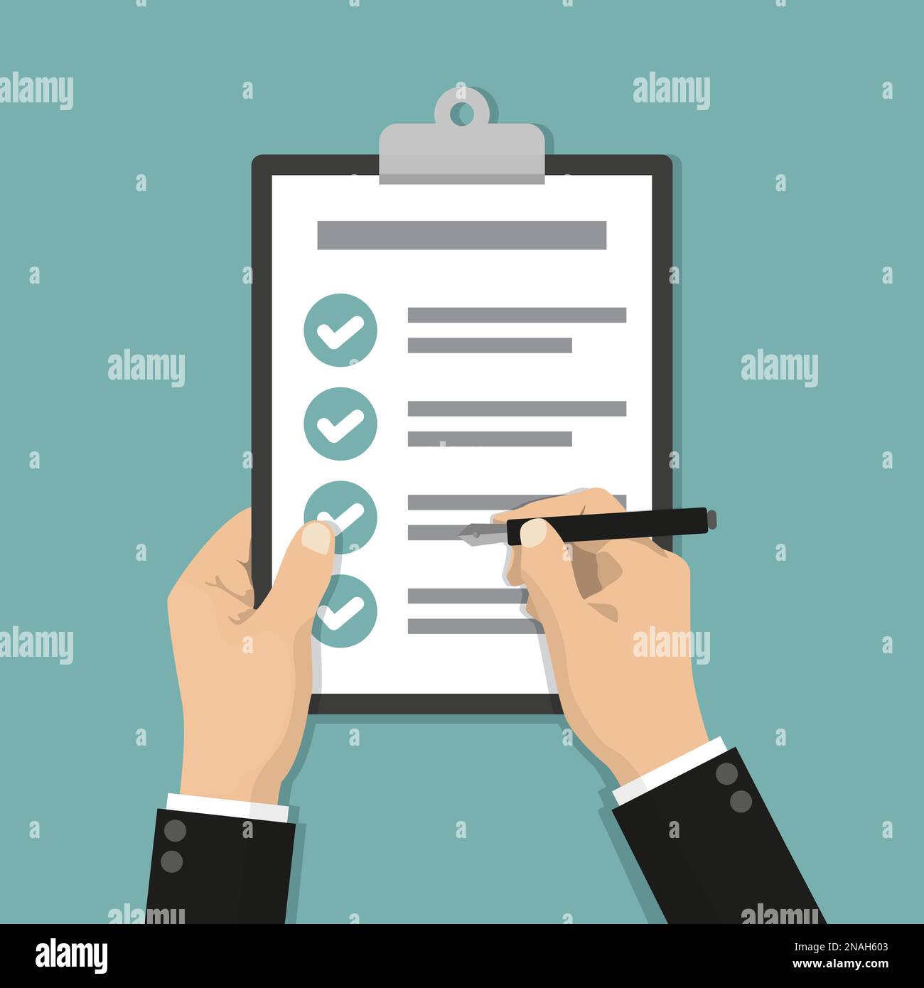 Businessman hands holding clipboard checklist with pen in a flat design ...