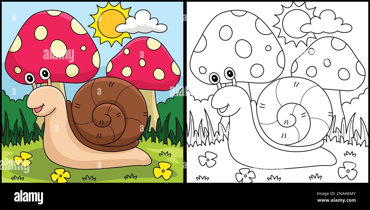 Spring Snail with Mushroom Coloring Illustration Stock Vector Image ...