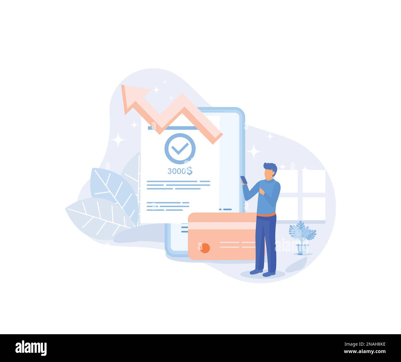 Financial illustration. Characters saving money in cash, credit card or ...