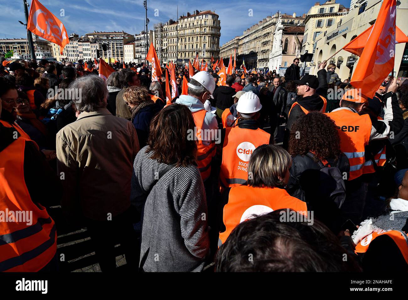 Marseille, France. 11th Feb, 2023. Protesters hold flags during the ...