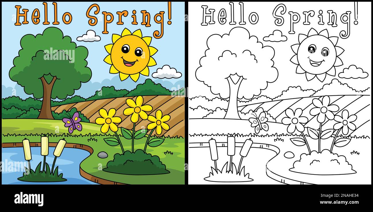 Hello Spring Smiling Sun Coloring Illustration Stock Vector Image & Art ...