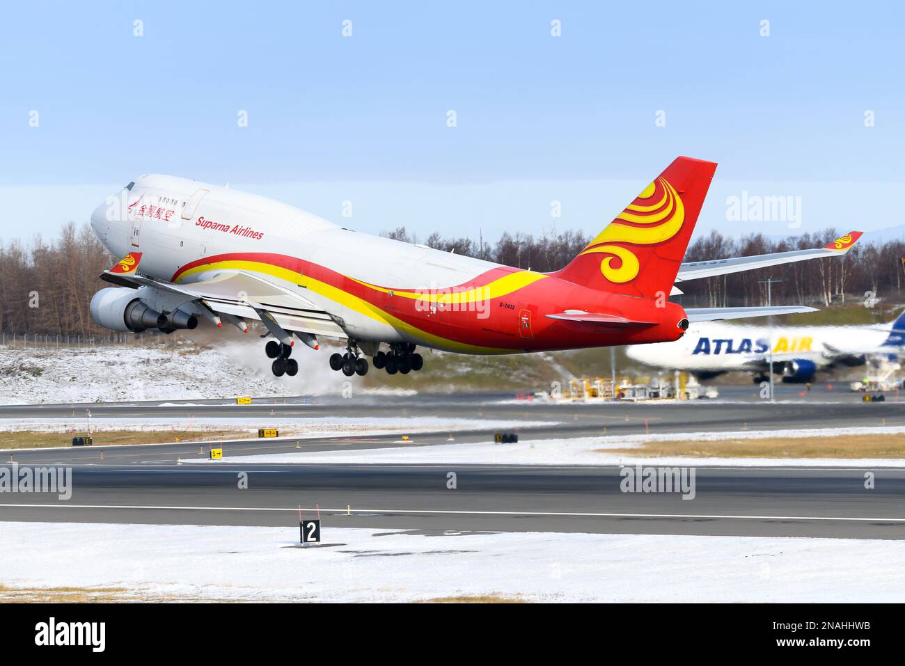 Suparna Airlines Boeing 747-400F aircraft taking off. Airplane 747F ...