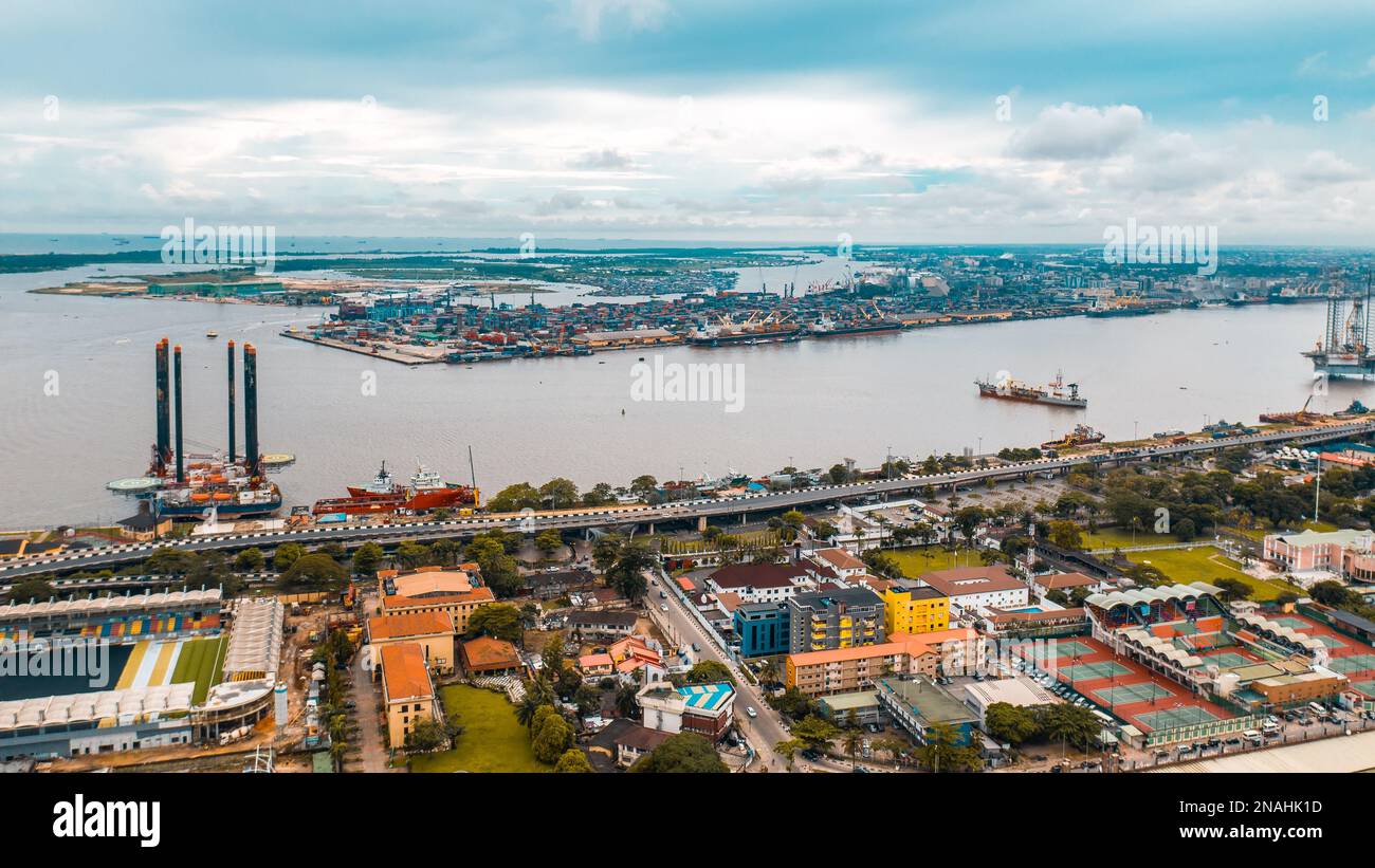 An aerial view of Lagos city waterside roads and buildings in Nigeria ...