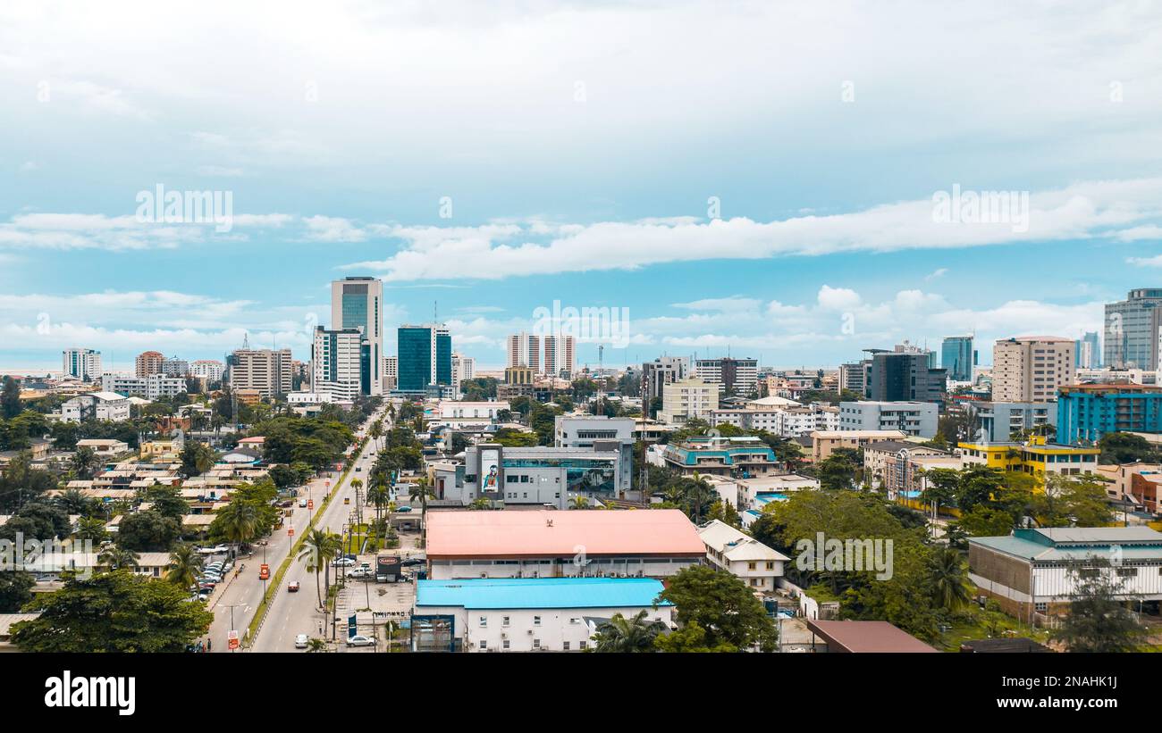 An aerial view of Ikoyi islands buildings and trees in Lagos, Nigeria ...