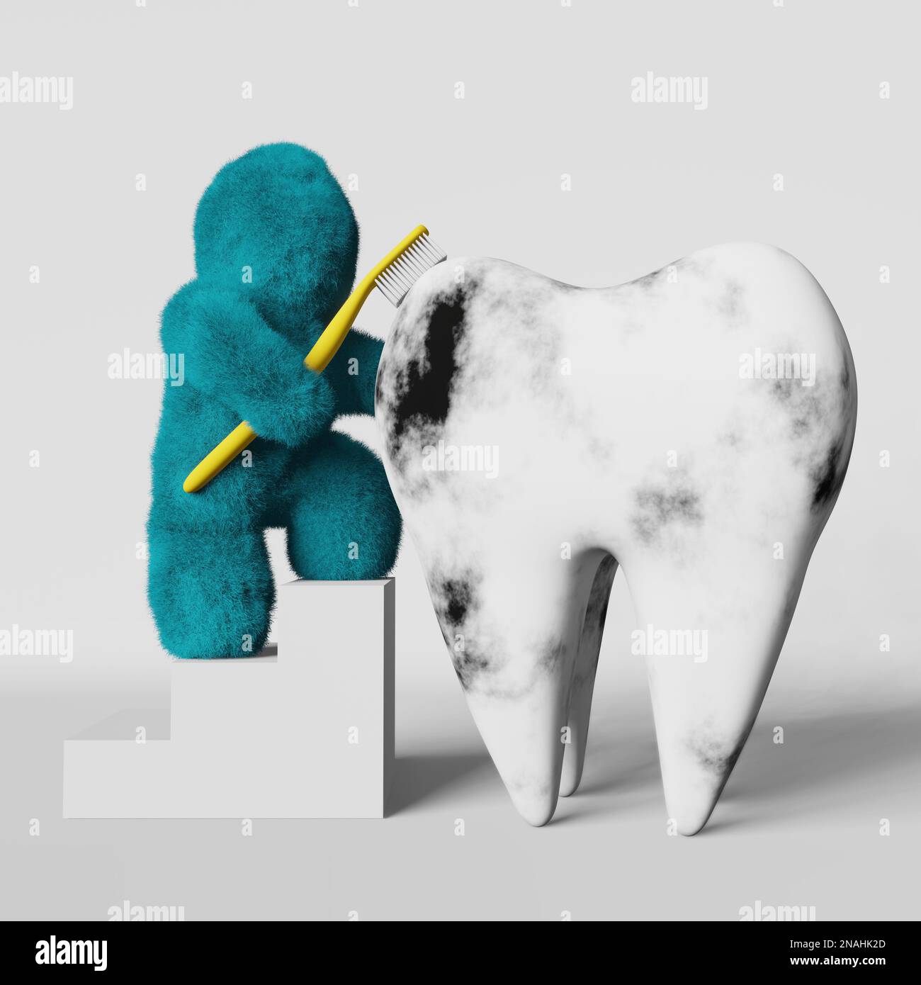 Cute turquoise fur Yeti brushing caries bacteria rotten decay tooth 3D ...