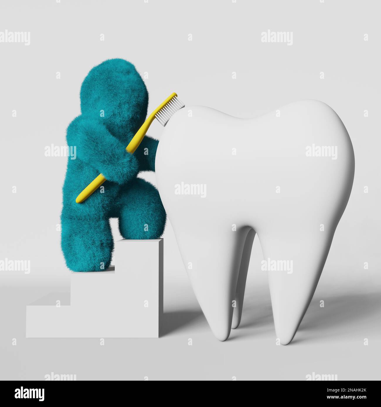 Cute turquoise fur Yeti brushing white healthy tooth 3D rendering ...