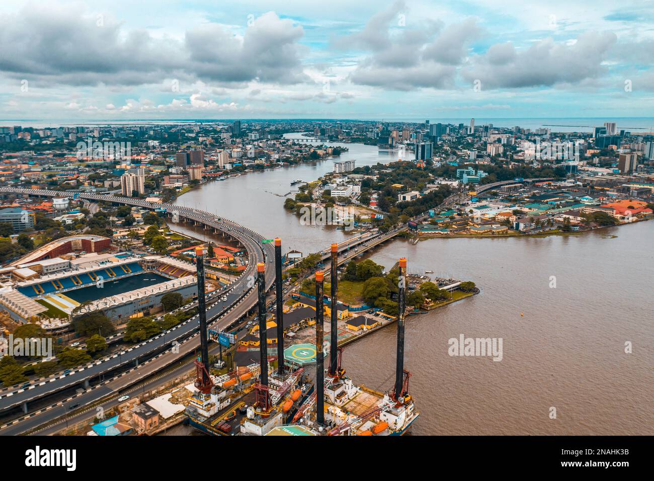 An aerial view of Lagos city waterside roads and buildings Stock Photo ...