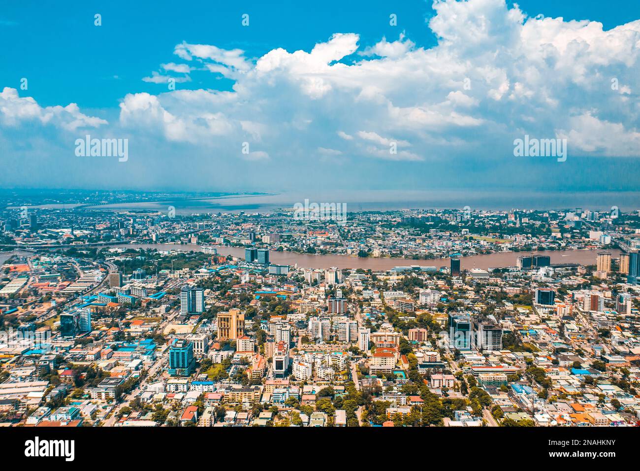 An aerial view of Lagos cityscape before the sea on a sunny day Stock ...