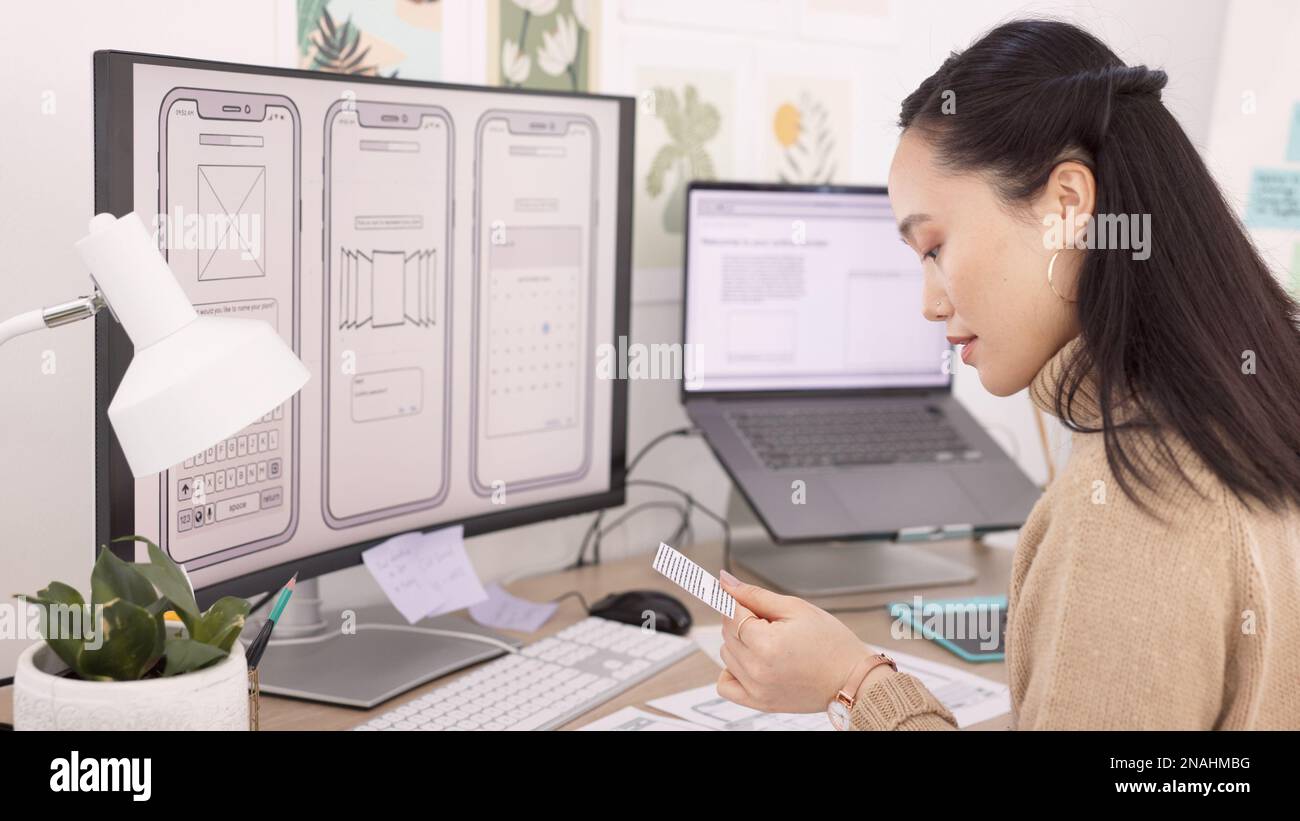 Woman, developer and wireframes with technology in design, planning or ...