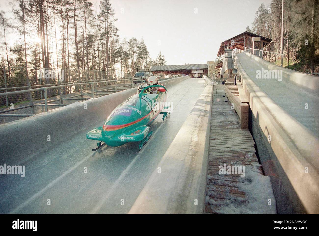The German bobsled team train for The Olympic Winter Games in 1994 at ...