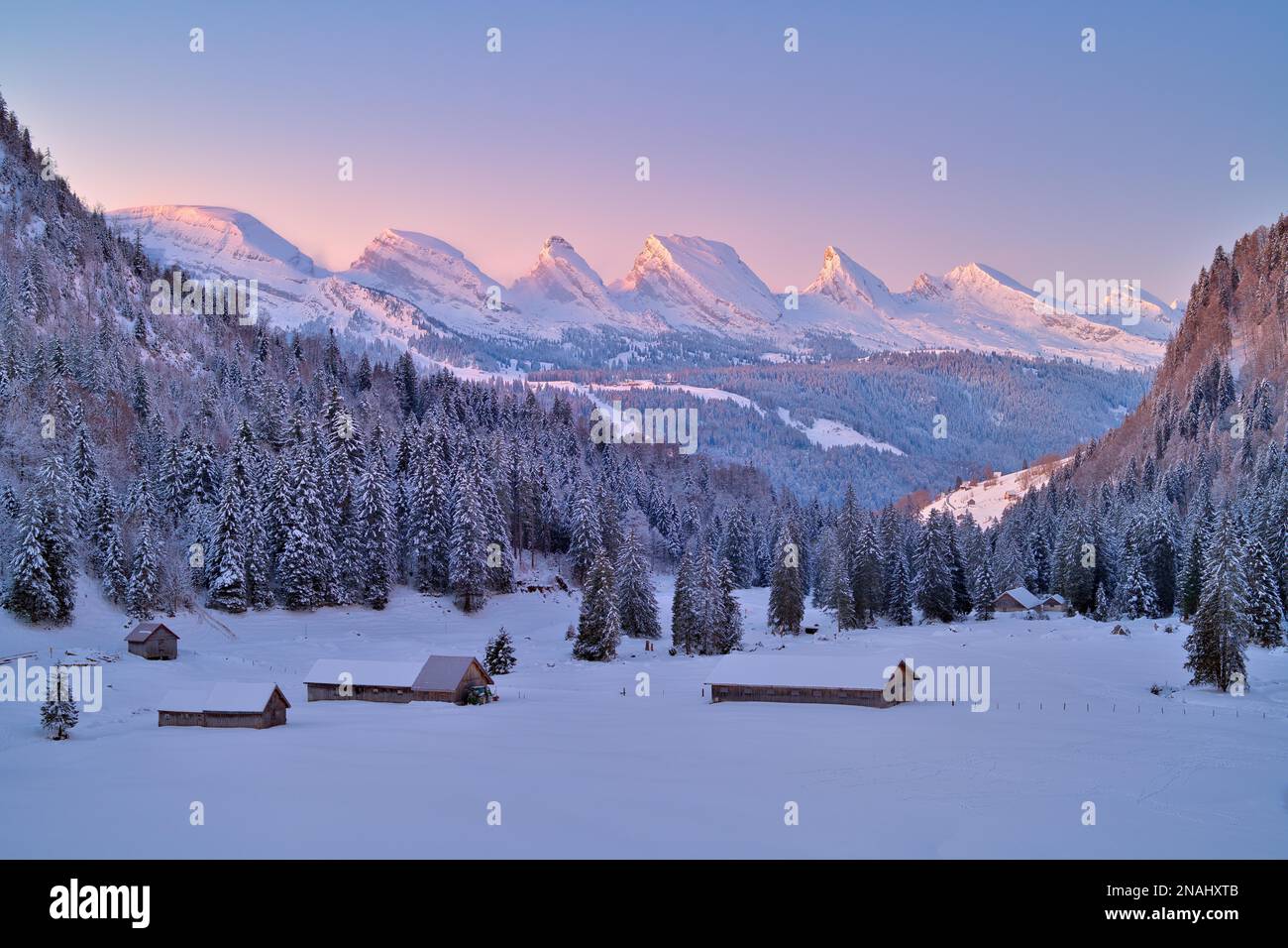 Toggenburg in winter, view of Churfirsten in front of sunrise, Canton ...