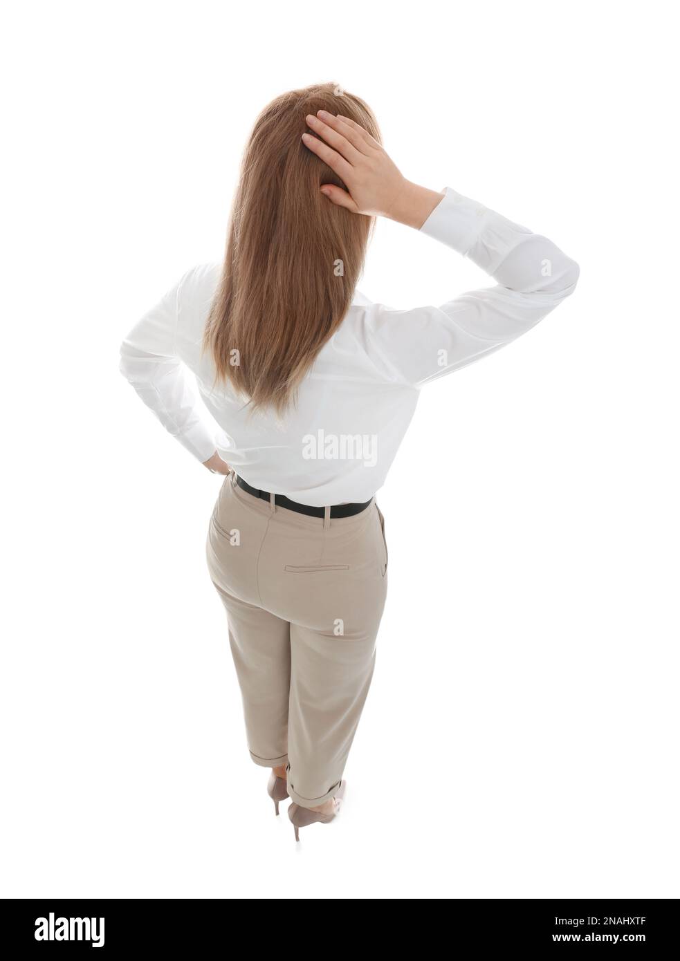 Young woman on white background, back view Stock Photo - Alamy