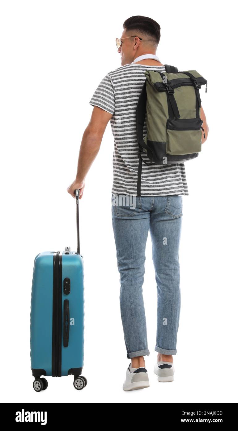 Man with backpack and suitcase on white background, back view. Summer ...