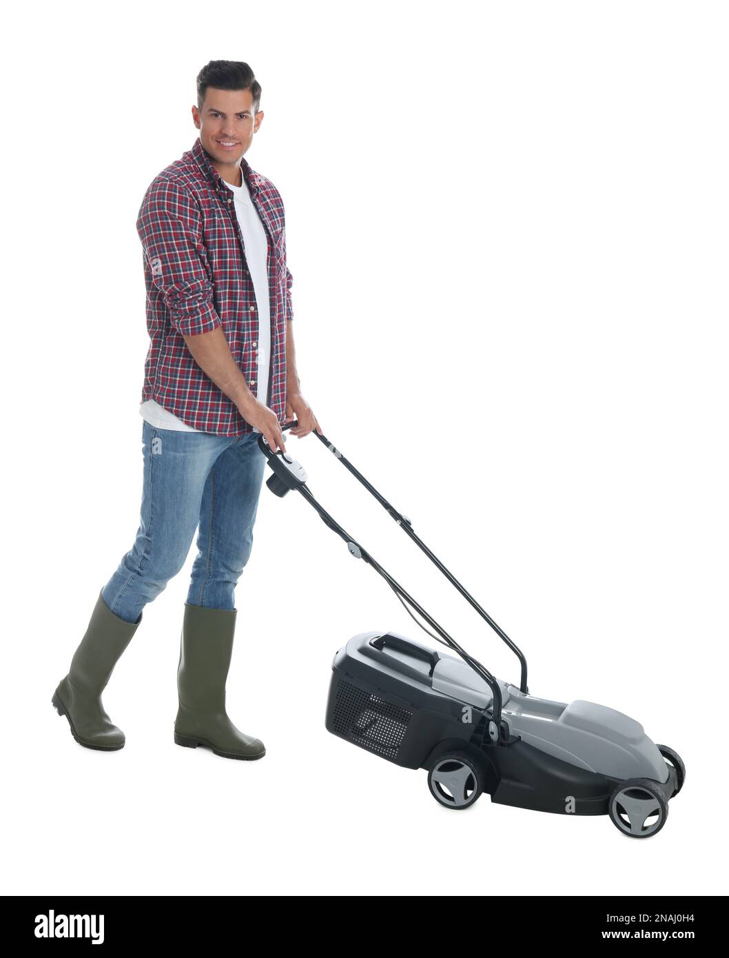 Man with modern lawn mower on white background Stock Photo - Alamy